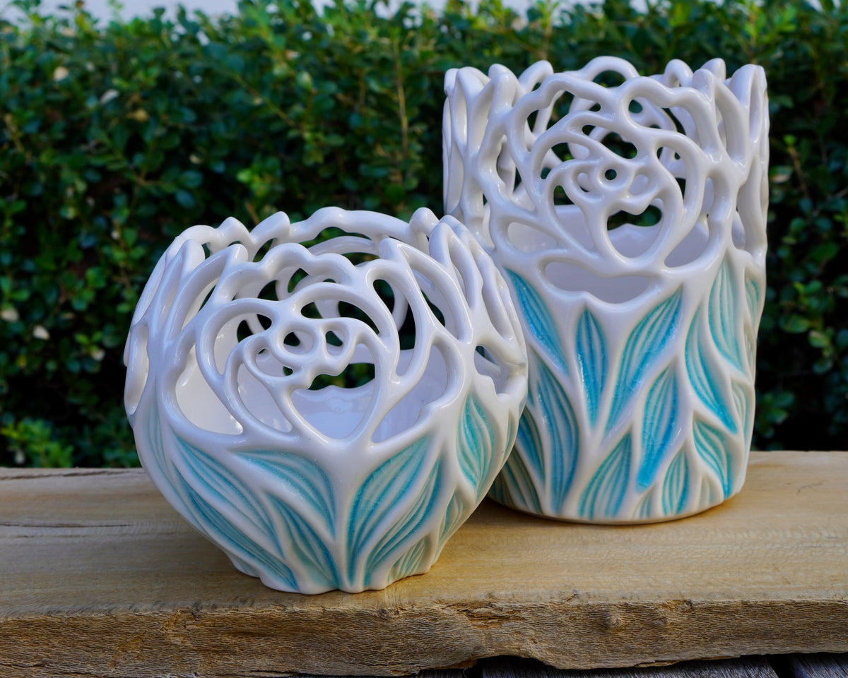 001 Peony Luminary with Blue Leaves – Quigley Ceramics